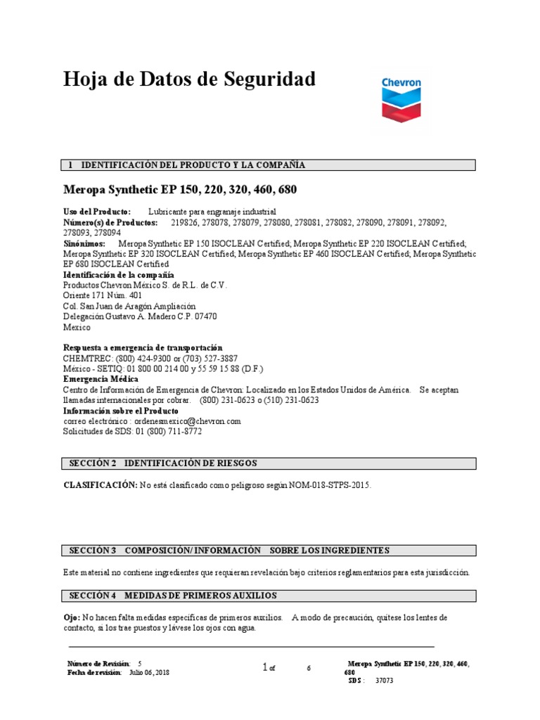 MSDS Chevron Meropa Synthetic 220 | PDF | Toxicidad | Agua