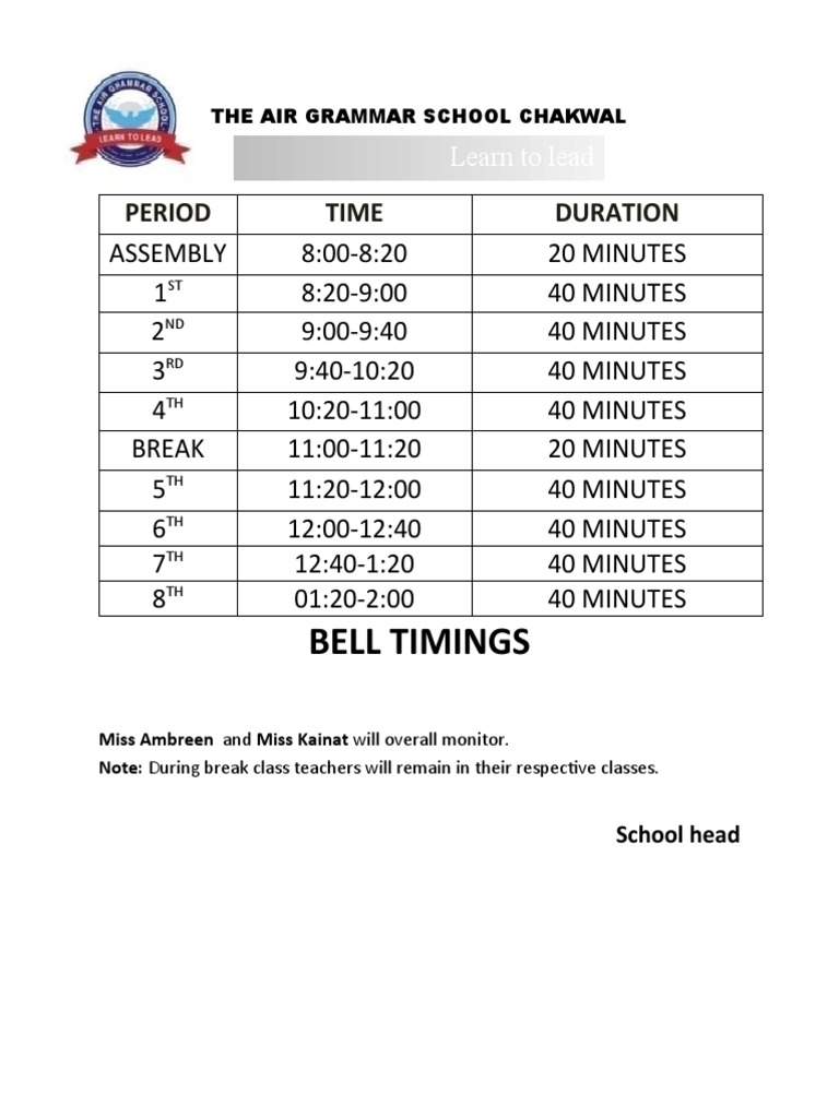 Bell Timings: Period Time Duration | PDF
