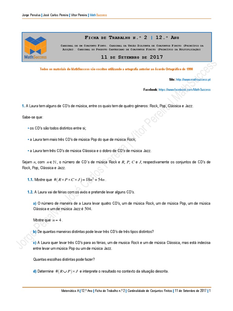 2.cardinal de Um Conjunto Finto. Cardinal Da União Disjunta de ...