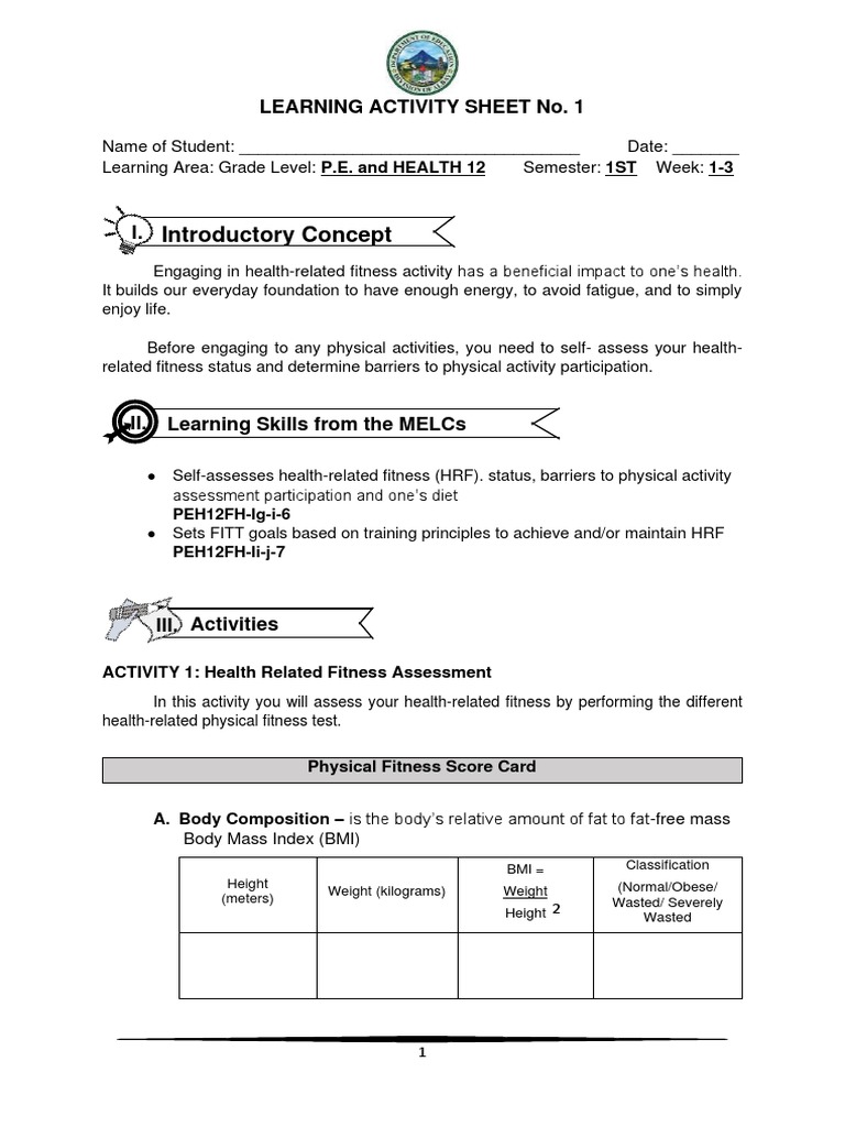 Pe Health 12 q1 Las 1 To 3 | PDF | Heart Rate | Physical Fitness