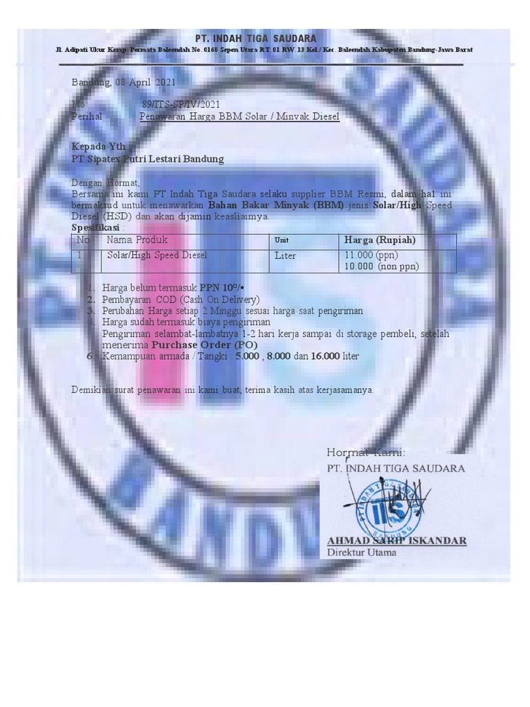 Surat Penawaran PT Sipatex | PDF