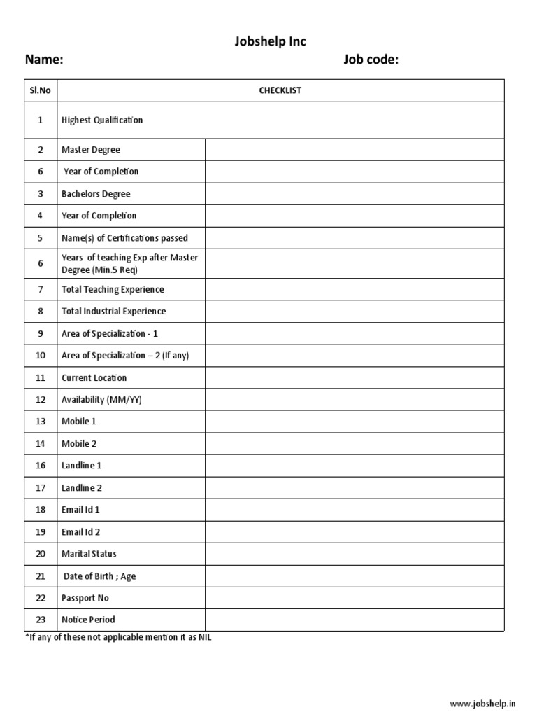 Job Application Checklist Form | PDF