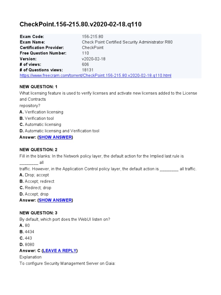 Checkpoint.156-215.80.V2020-02-18.Q110: Show Answer | PDF | Computer ...