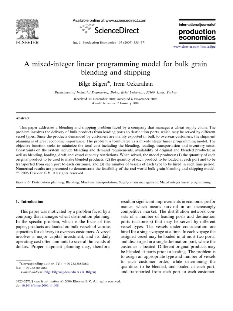 A Mixed-Integer Linear Programming Model For Bulk Grain Blending and ...