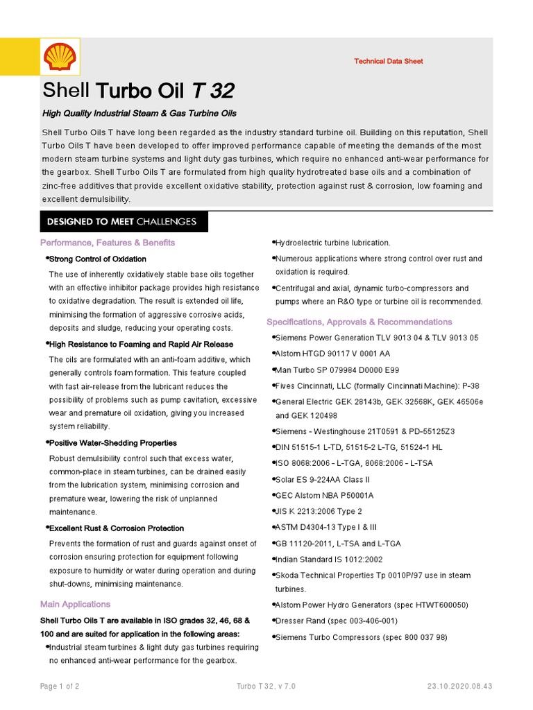Shell Turbo Oil T 32 | PDF | Motor Oil | Lubricant