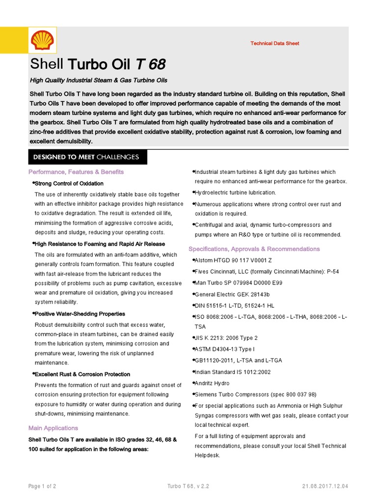 Shell Turbo Oil T 68 | Download Free PDF | Motor Oil | Lubricant