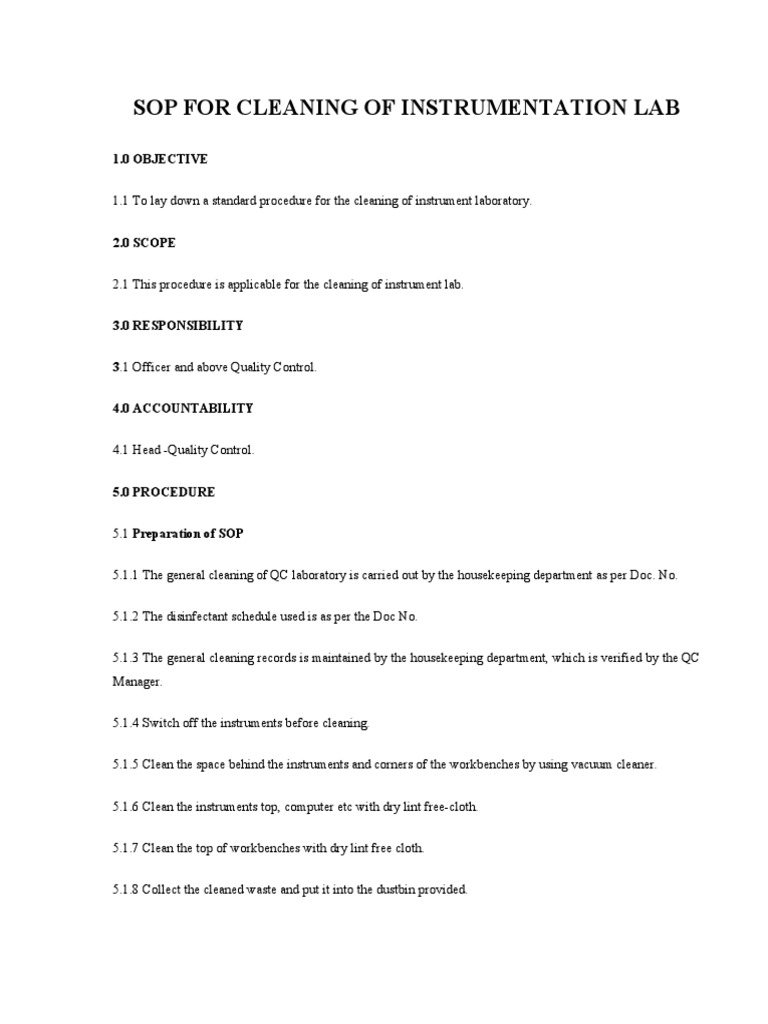 Sop For Cleaning of Instrumentation Lab | PDF