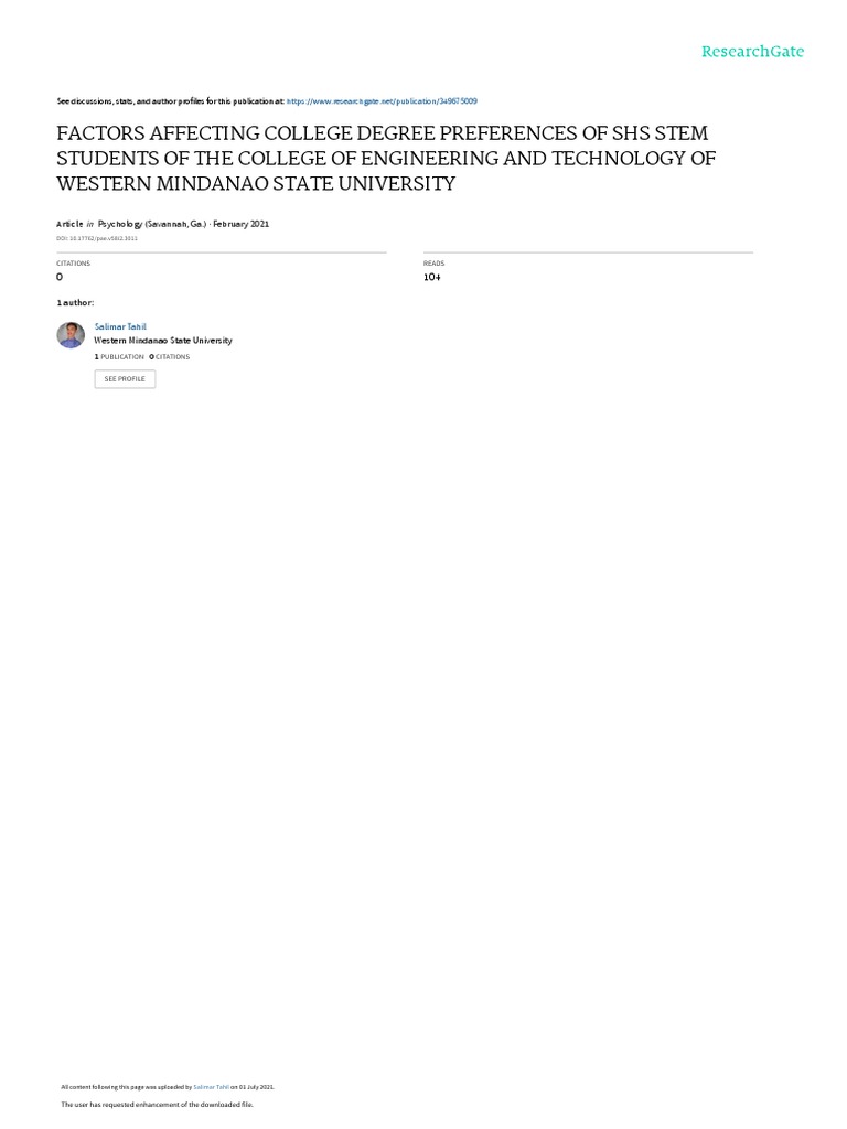 Factors Affecting College Degree Preferences of Shs Stem Students of The College of Engineering ...