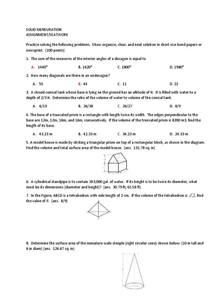Solid Mensuration Assignment - 106793965 | PDF | Area | Volume