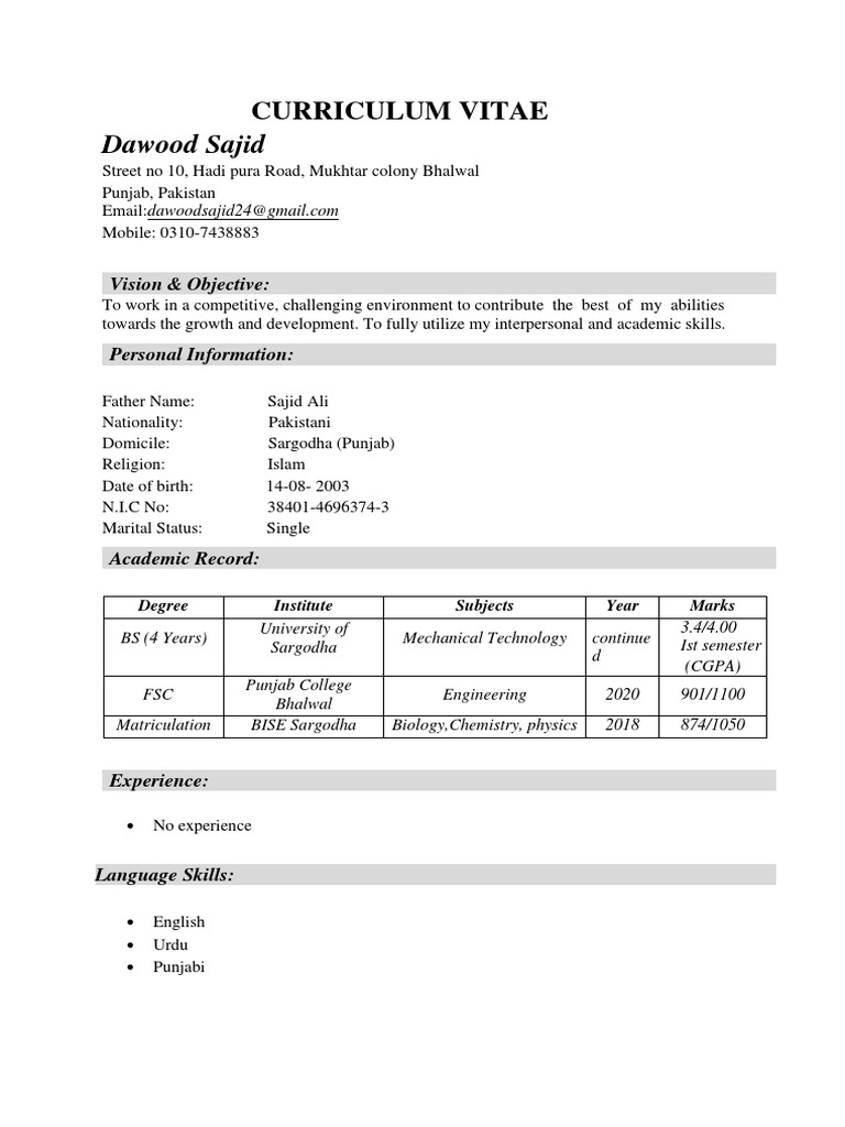 Dawood Sajid: Curriculum Vitae | PDF