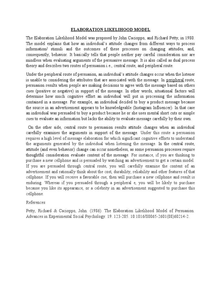 Elaboration Likelihood Model | PDF | Persuasion | Attitude (Psychology)