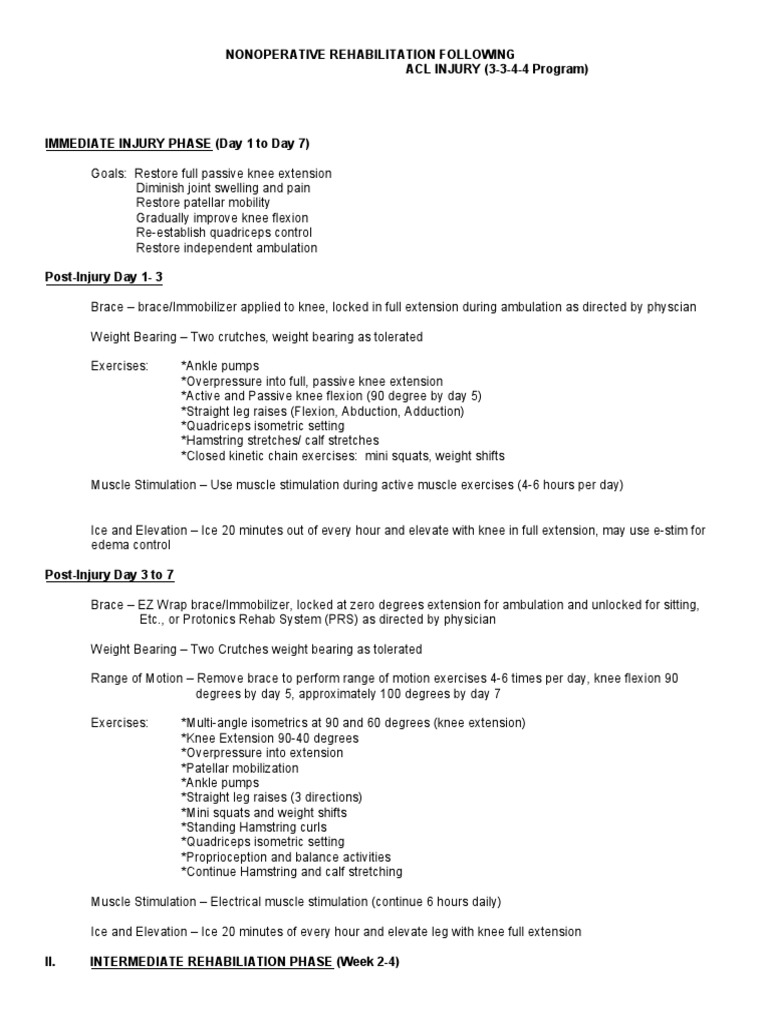 Nonoperative Rehabilitation Following ACL INJURY (3-3-4-4 Program ...