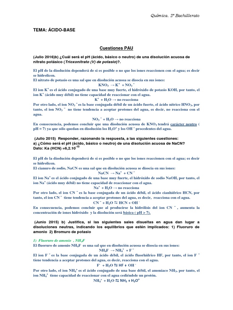 Ejercicios Hidrólisis - PAU | PDF | Ácido | Amonio