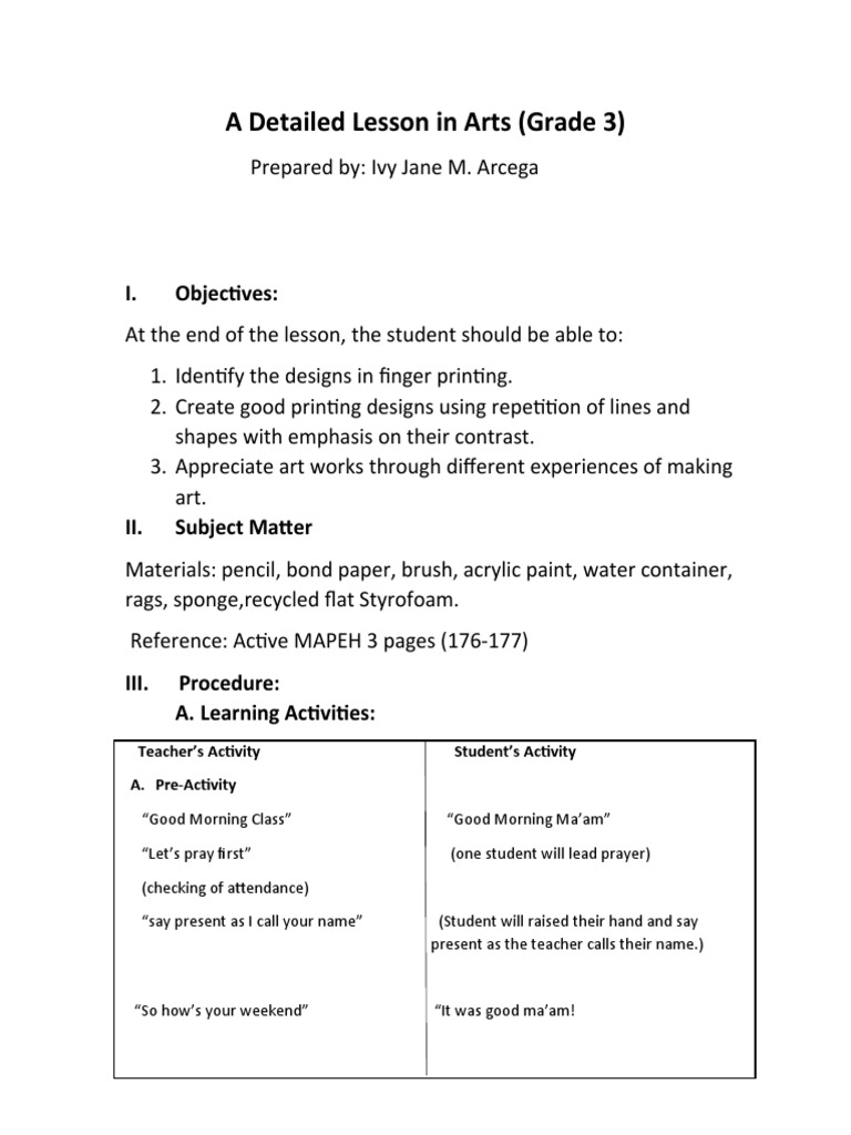 A Detailed Lesson Plan in Arts FINALS | PDF | Lesson Plan | Learning