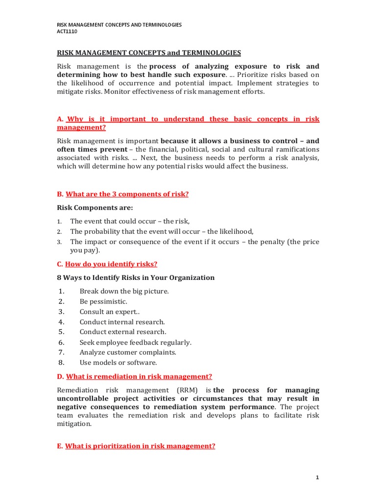 RM - Risk Management Concepts and Terminologies To Remember | PDF ...