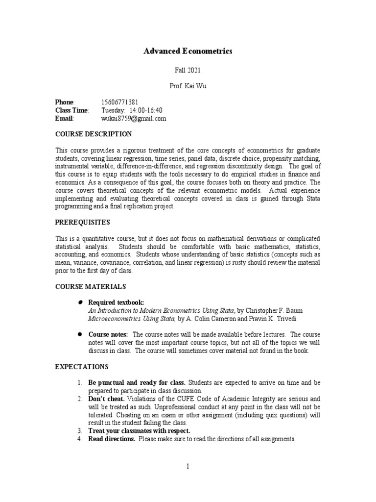 Advanced Econometrics Course Guide | PDF | Econometrics | Academic ...