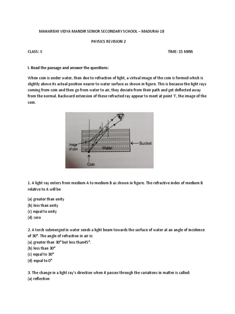I. Read The Passage and Answer The Questions | PDF | Refraction ...
