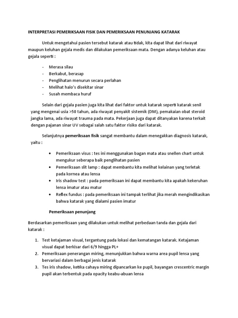 Interpretasi Pemeriksaan Fisik Dan Pemeriksaan Penunjang Katarak | PDF
