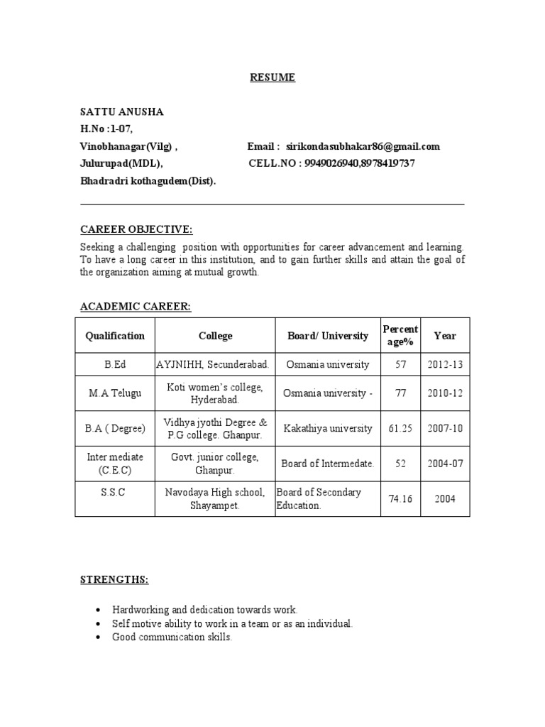 Anusha Resume | Download Free PDF | Behavior Modification | Cognition