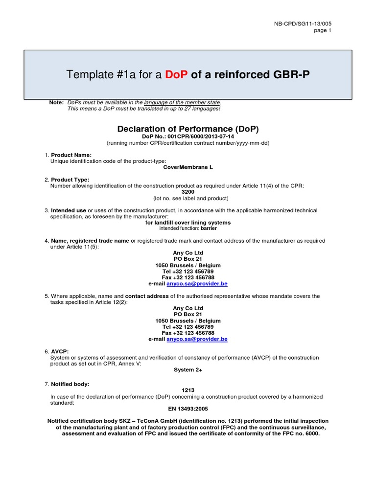 Declaration of Performance for GBR-P Products | PDF | Specification ...