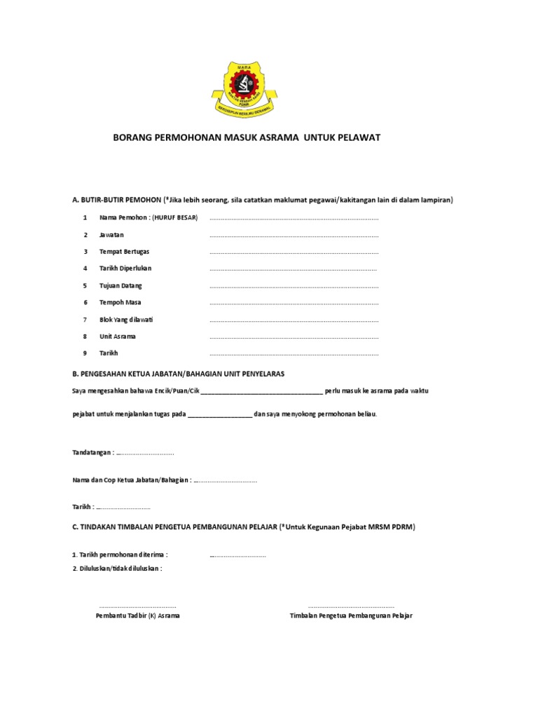 Borang Masuk Asrama | PDF