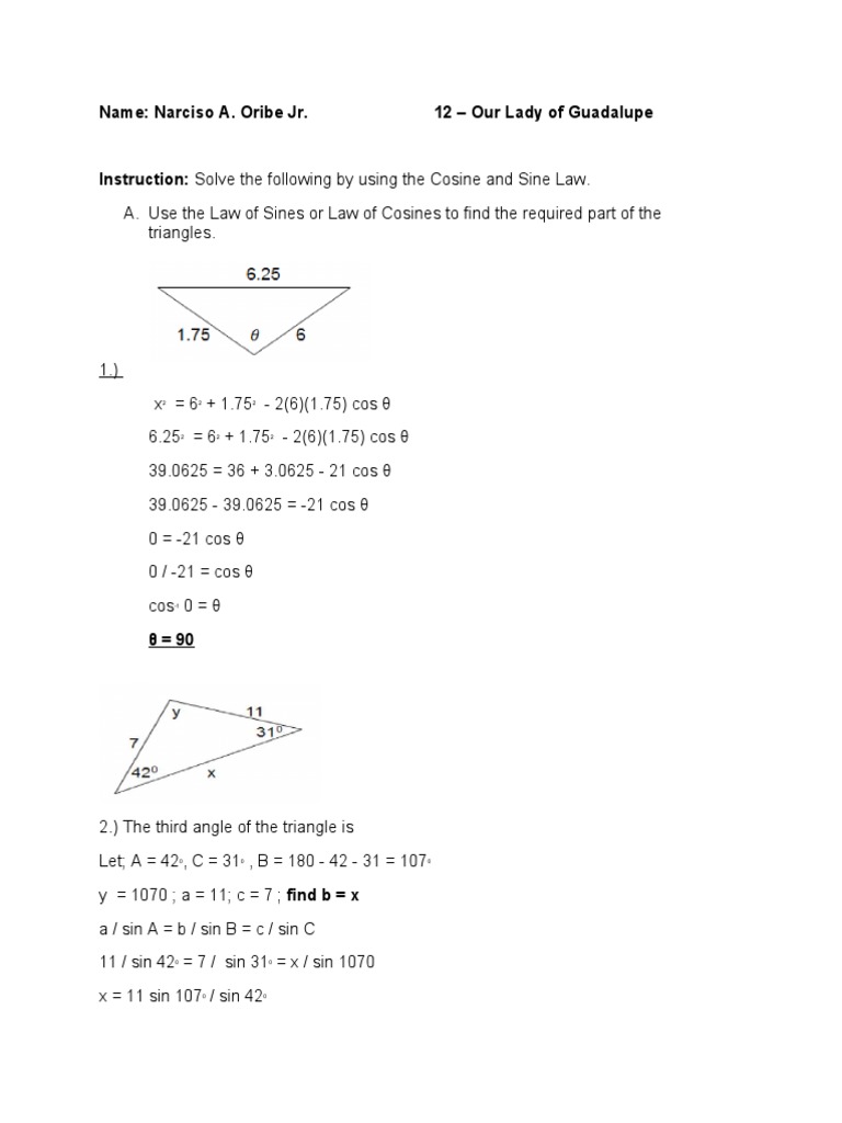 Activity For Cosine and Sine Law | PDF | Sine | Trigonometric Functions