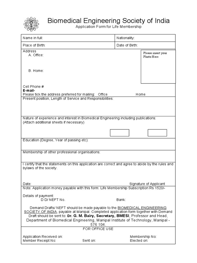 Biomedical Engineering Society of India: Application Form For Life ...