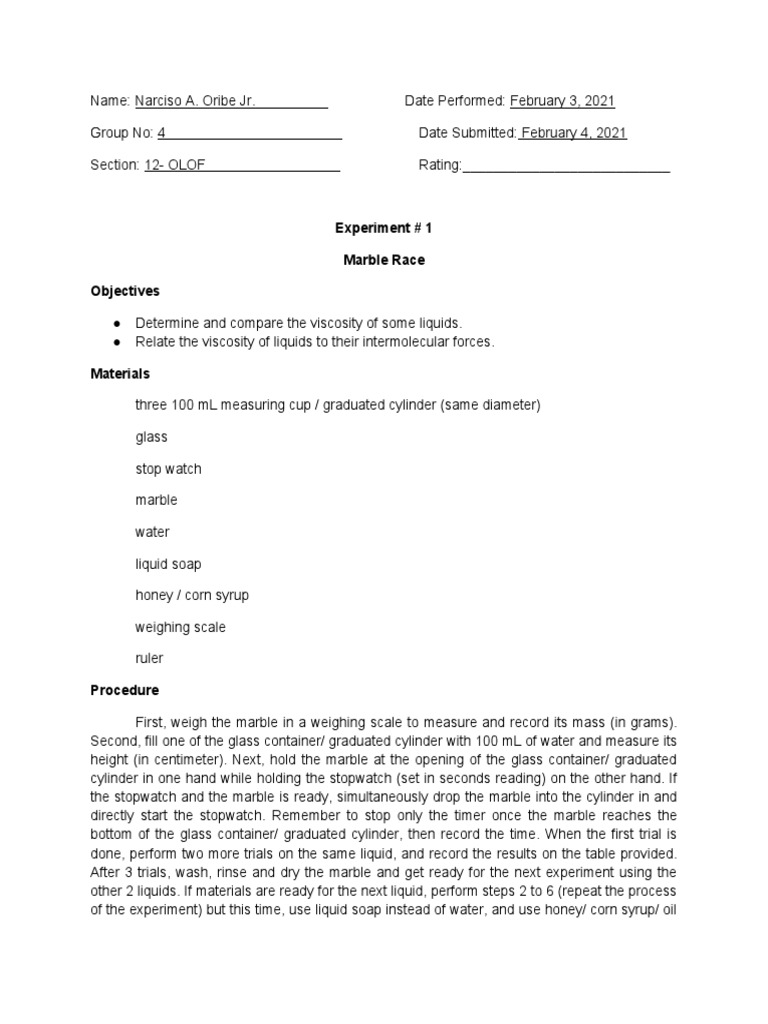Experiment 1 Marble Race Virtual Science Lab Chem 2 | PDF | Viscosity ...