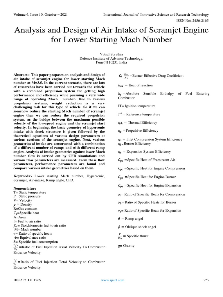 Analysis and Design of Air Intake of Scramjet Engine For Lower Starting ...