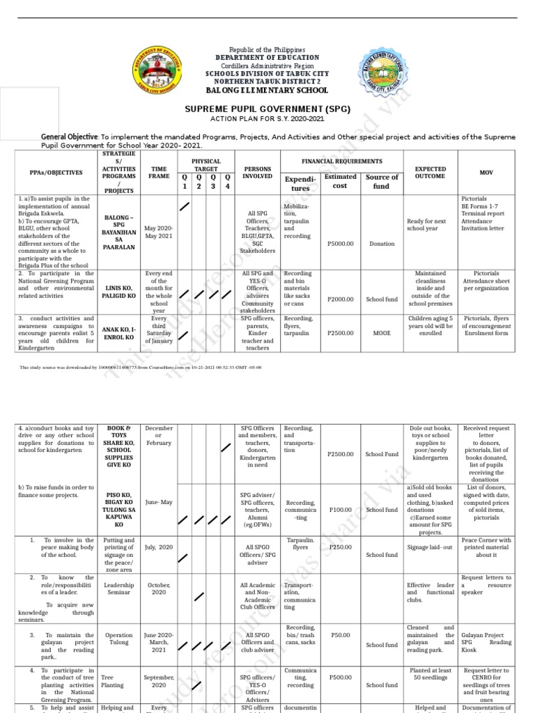 SPG Action Plan for Balong Elementary School SY 2020-2021 | PDF