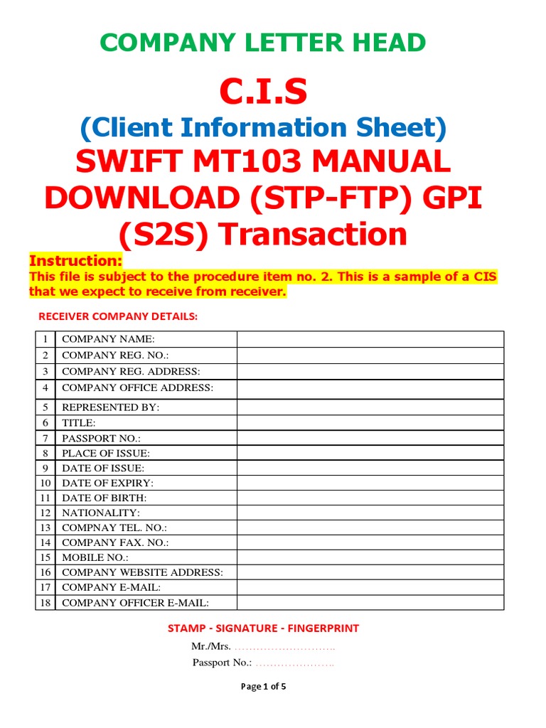 Swift MT103 Manual Download-Cis-Template | PDF