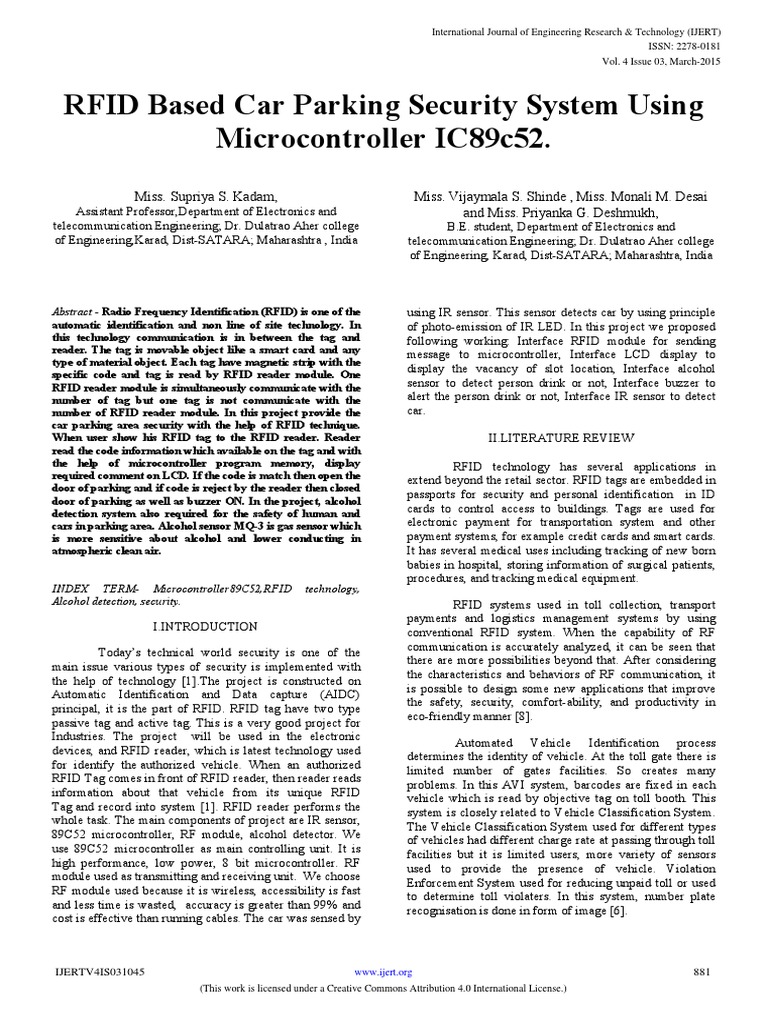 Rfid Based Car Parking Security System Using Microcontroller Ic89c52 IJERTV4IS031045 | PDF ...