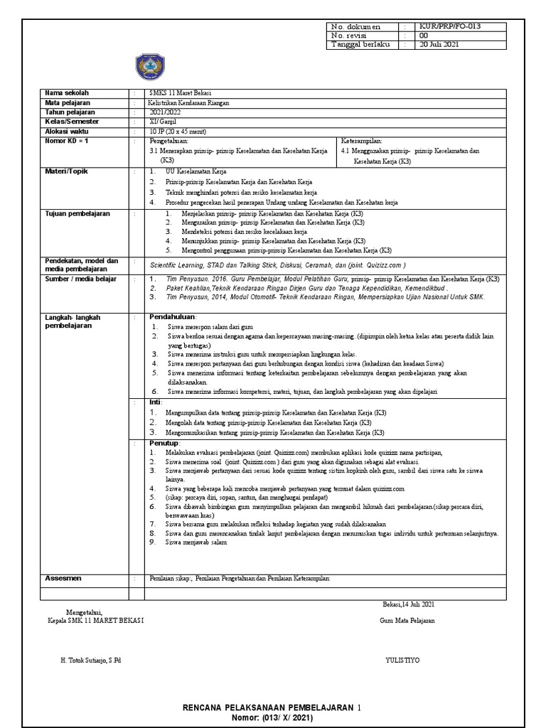 Intruksi Kerja K3 TKR Mapel Listrik Kendaraan Ringan | PDF | Karier ...