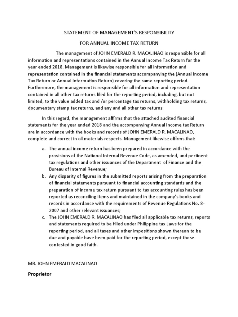 Statement of Management | PDF | Tax Return (United States) | Taxes