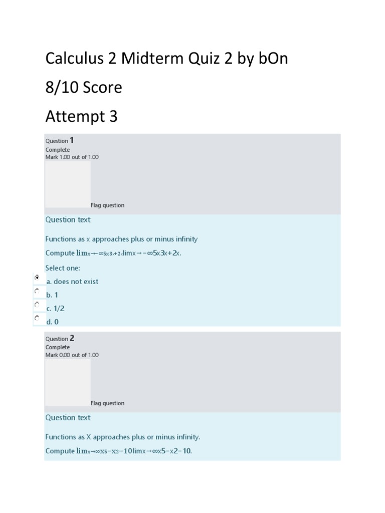 Calculus 2 Midterm Quiz 2 | PDF | Derivative | Function (Mathematics)