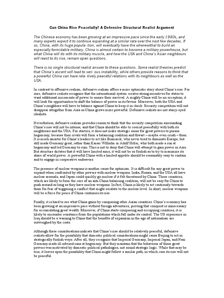 China Defensive-Realist Perspective | PDF | China | World Politics