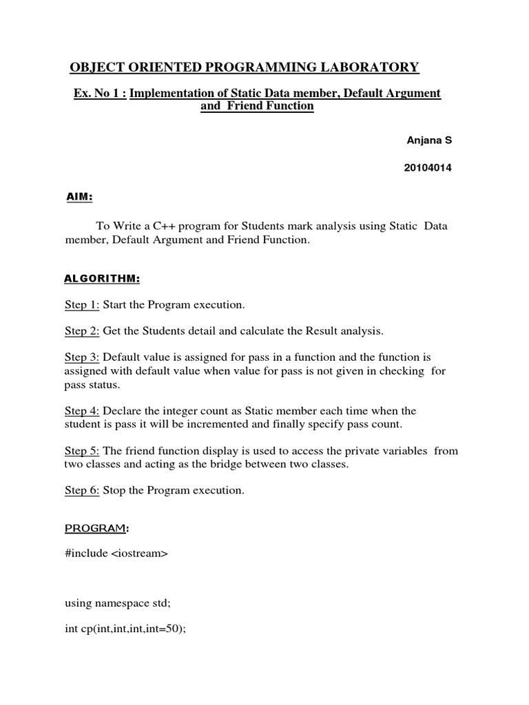 Anjana S 20104014 OOP Lab Program 1 | PDF | Subroutine | Integer (Computer Science)