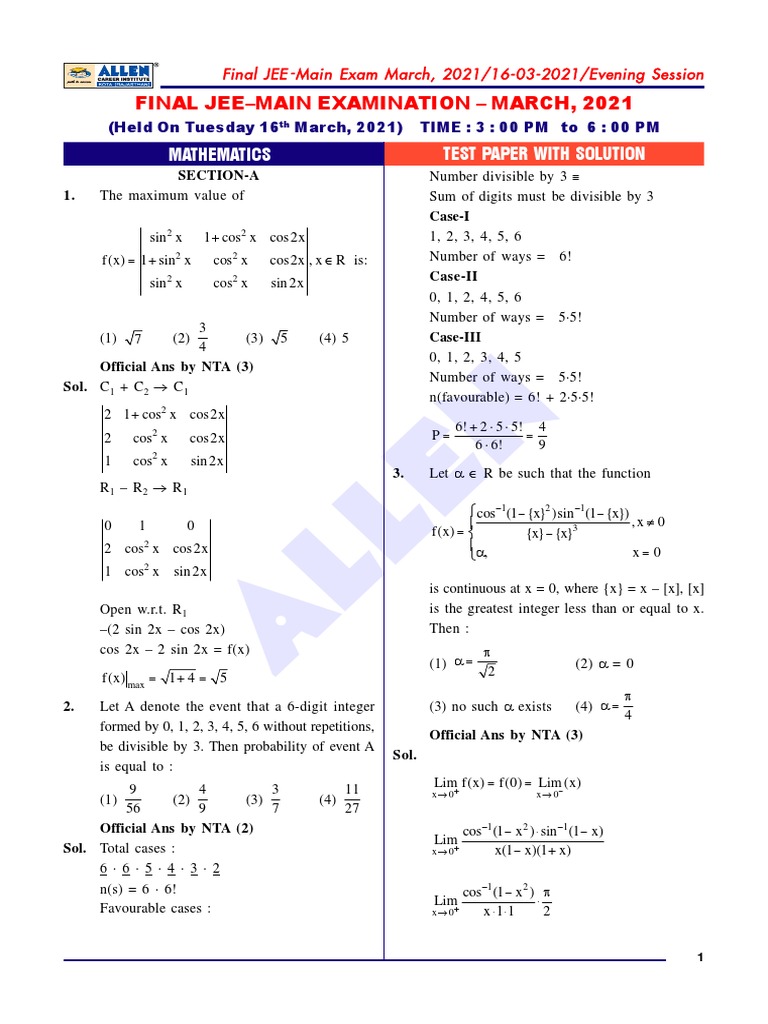1603 Mathematics Paper With Ans Sol Evening | PDF | Perpendicular ...