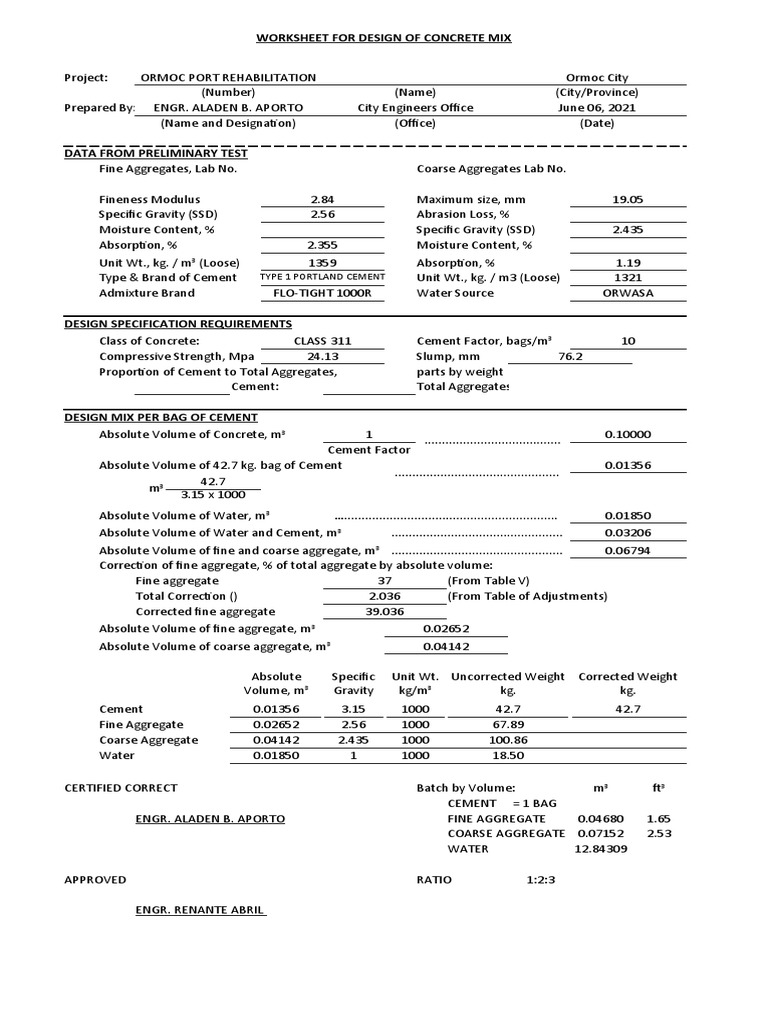 Worksheet For Design of Concrete Mix: Type 1 Portland Cement | PDF ...