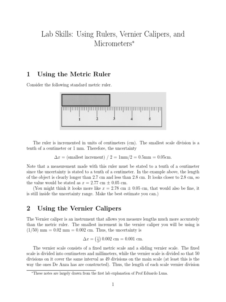 Lab Skills: Using Rulers, Vernier Calipers, and Micrometers: 1 Using ...