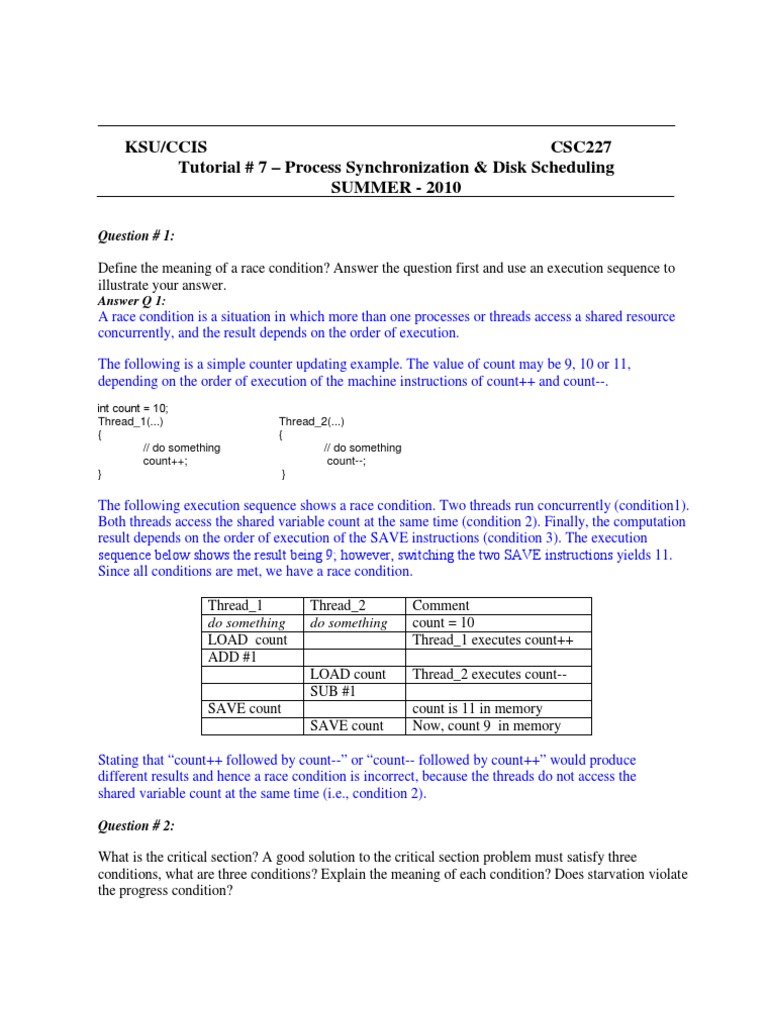 Process Synchronization And Disk Scheduling Criticalregionofcodeandharddiskproblems Tut 7 With