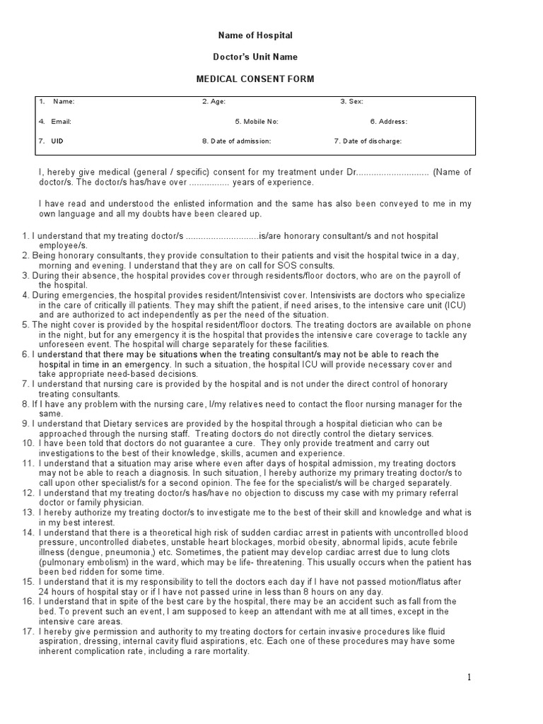 Medical Consent Form for Hospital Patients | PDF | Intensive Care ...