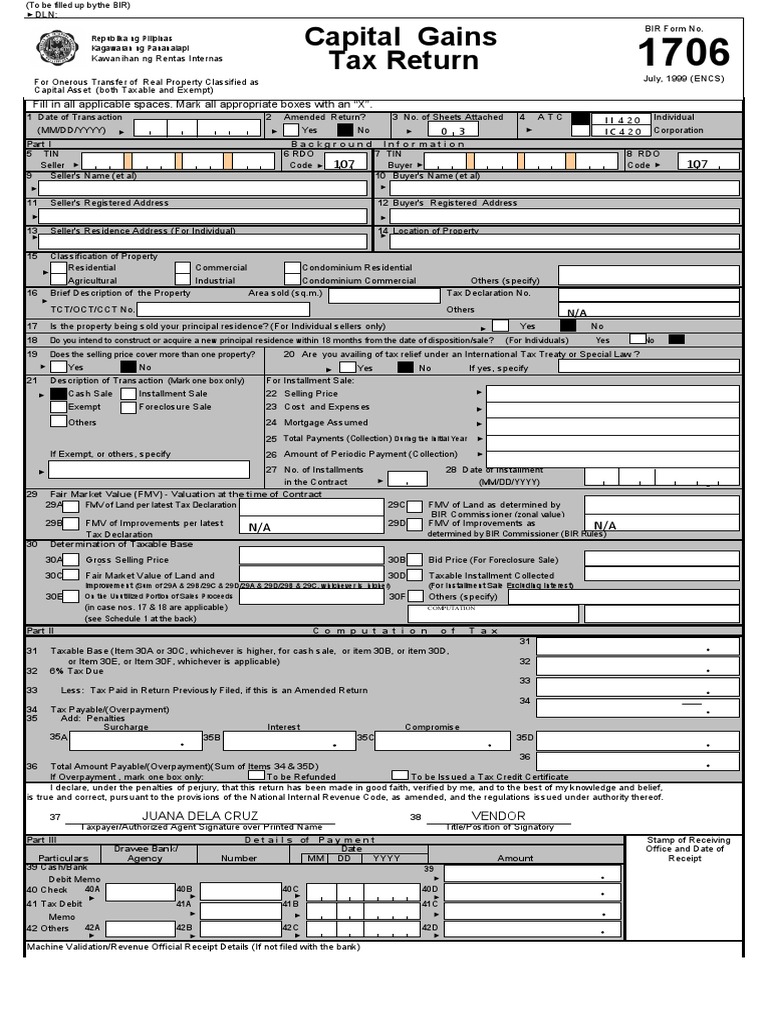 Capital Gains Tax Return BIR Form No 1706 | PDF | Capital Gains Tax | Taxes