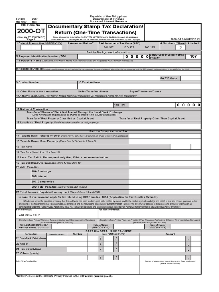 Documentary Stamp Tax BIR Form 200-OT | PDF | Taxes | Taxpayer