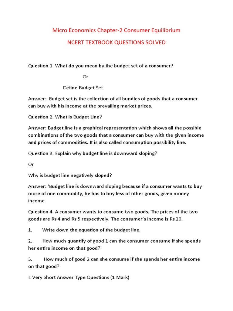 Micro Economics Chapter-2 Consumer Equilibrium Ncert Textbook Questions ...