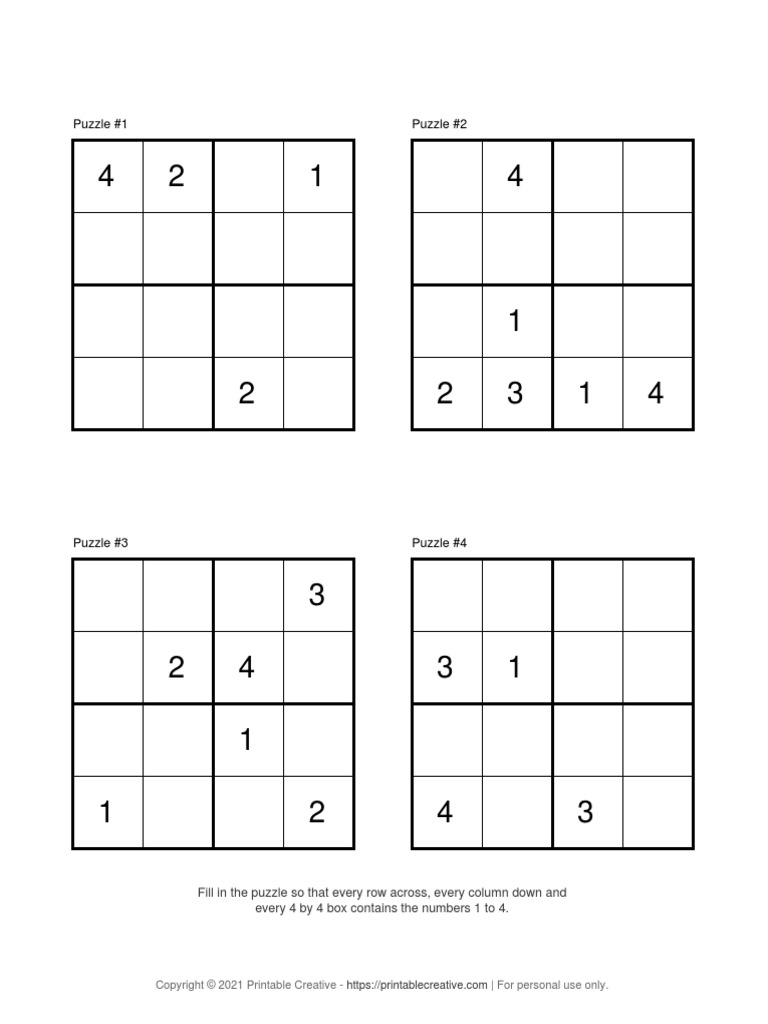 4x4 Sudoku Puzzle by Printablecreative | PDF