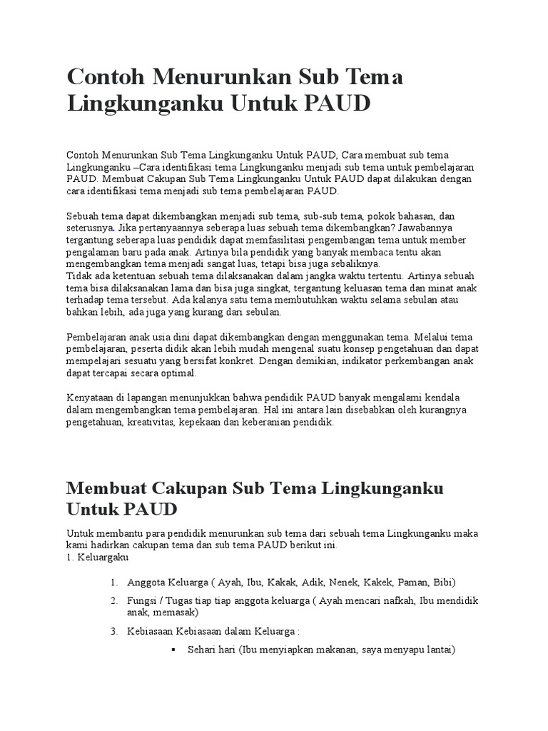 Sub Tema Lingkungan untuk PAUD | PDF