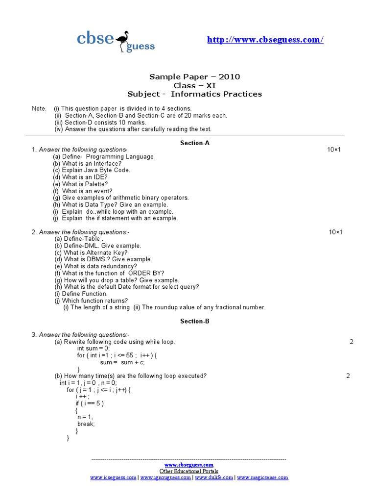 Sample Paper - 2010 Class - XI Subject - Informatics Practices | PDF | Control Flow | Computing