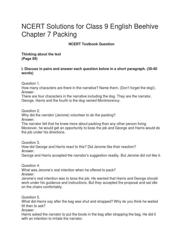 NCERT Solutions For Class 9 English Beehive Chapter 7 Packing | PDF ...