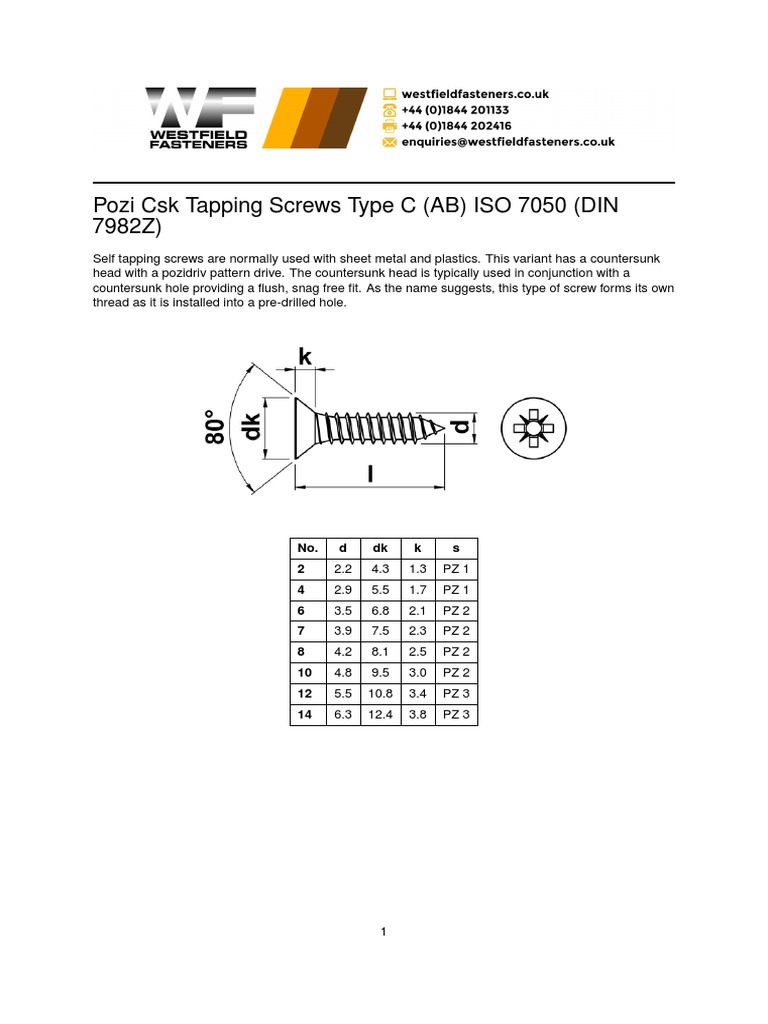 Pozi CSK Tapping Screws Type C (AB) ISO 7050 (DIN 7982Z) : No. D DK K S ...